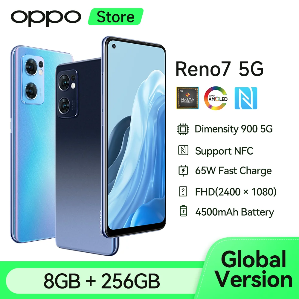* Em estoque * OPPO Reno7 5G Smartphone NFC 6.4 "90Hz AMOLED Display Dimensity 900 Processador ...