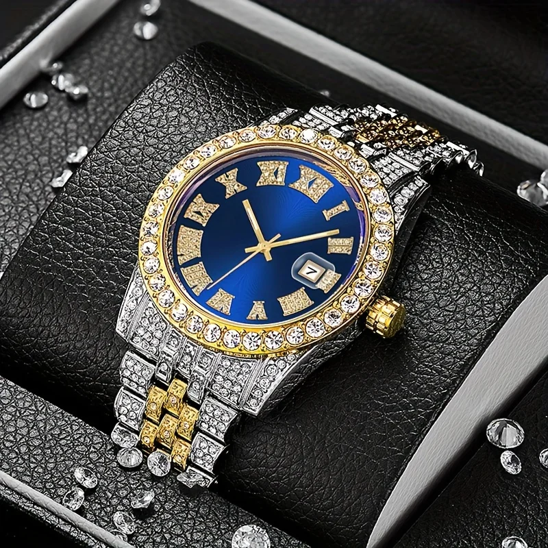 Popular Business Men's Faux Diamond-studded Steel Strap Watch, Fashion ...