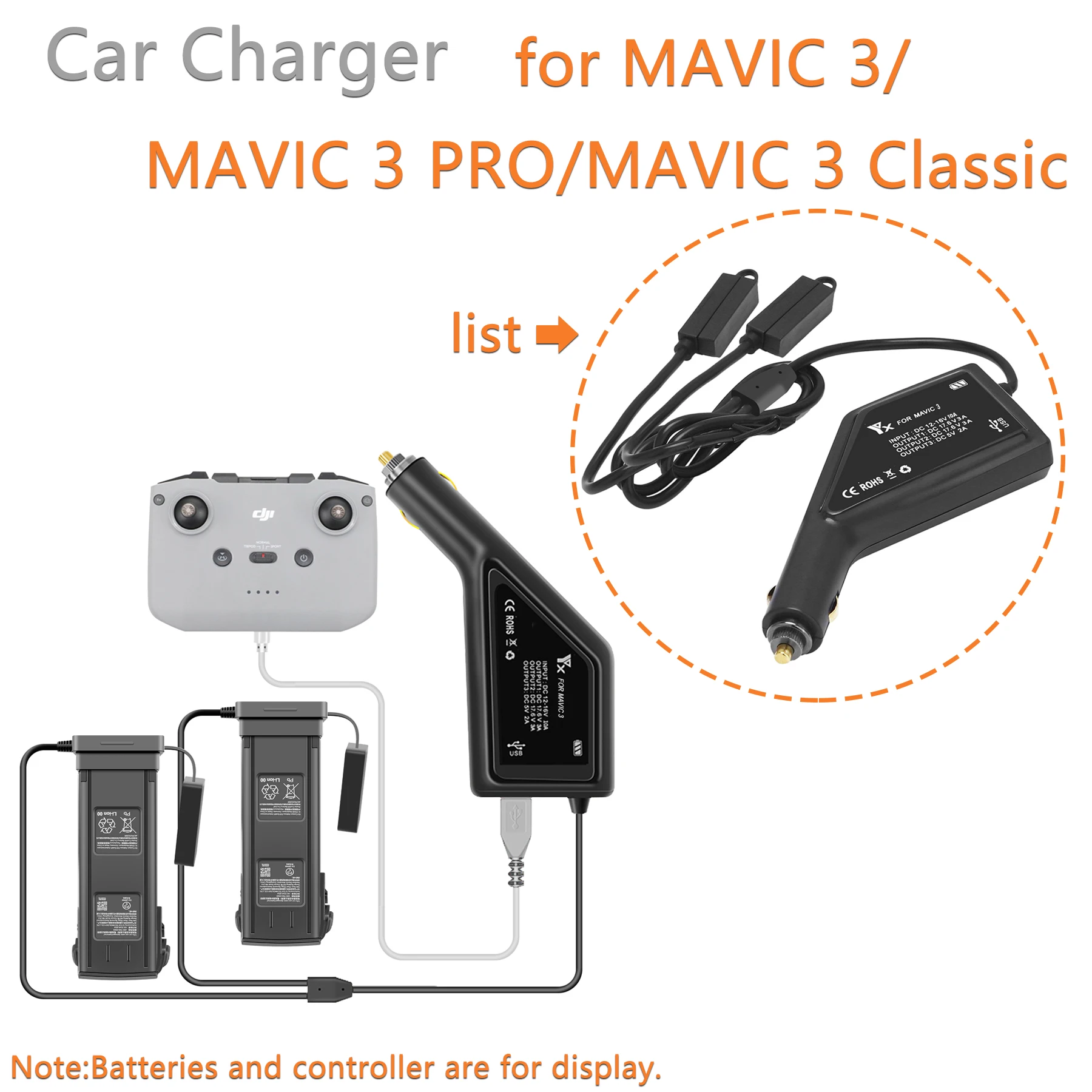 Car Charger for DJI MAVIC 3/MAVIC 3PRO/Classic With USB Port Battery ...