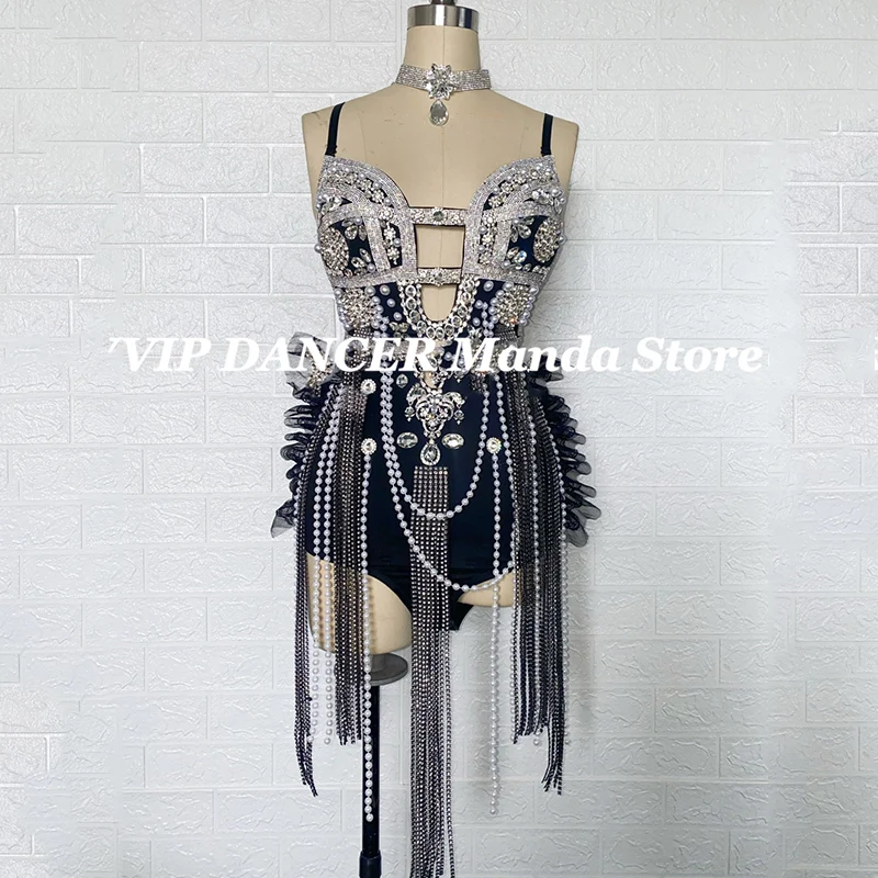 Gl-nzende-Strass-Bodysuit-Pole-Dance-Kleidung-Perle-Overall-Gogo-T-nzer ...