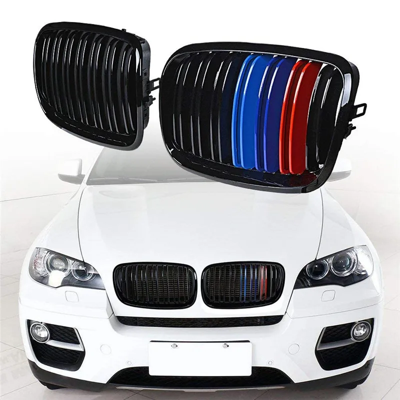 A-Pair-L-R-Gloss-Black-Double-Slat-Kidney-Grille-Front-Grill-For-BMW-X5 ...