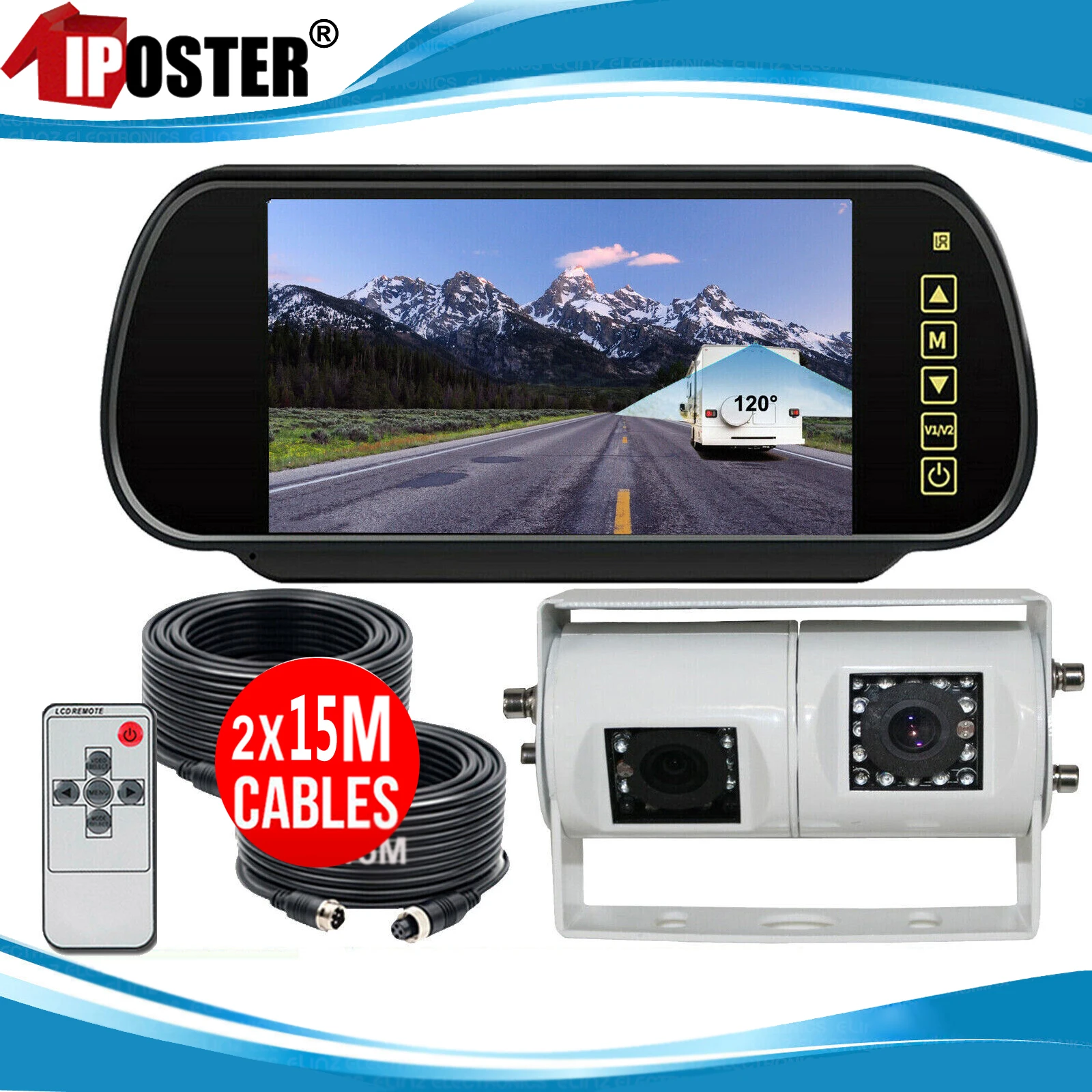 iPoster-Dual-Head-4Pin-IR-Reversing-Rear-View-Camera-7-Mirror-Monitor ...