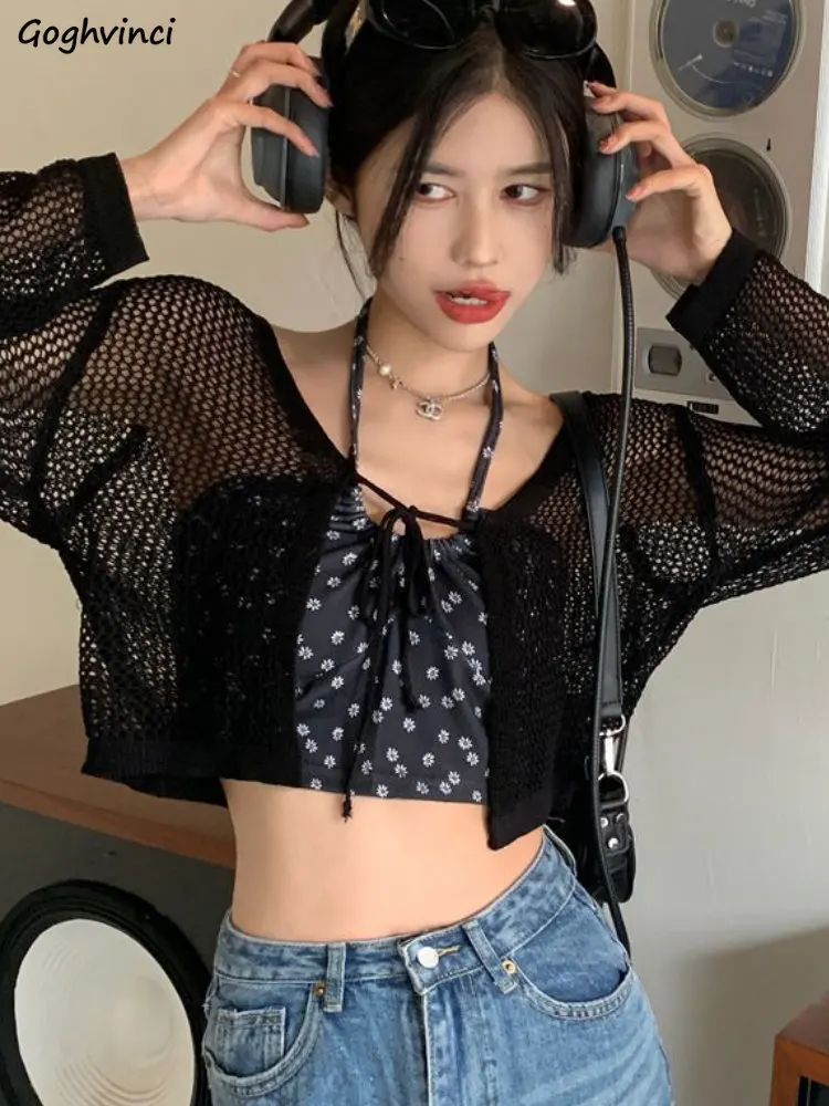 Cardigans Women Sunscreen Thin Summer Knitwear Hollow Out Cropped Casual See-through Streetwear ...