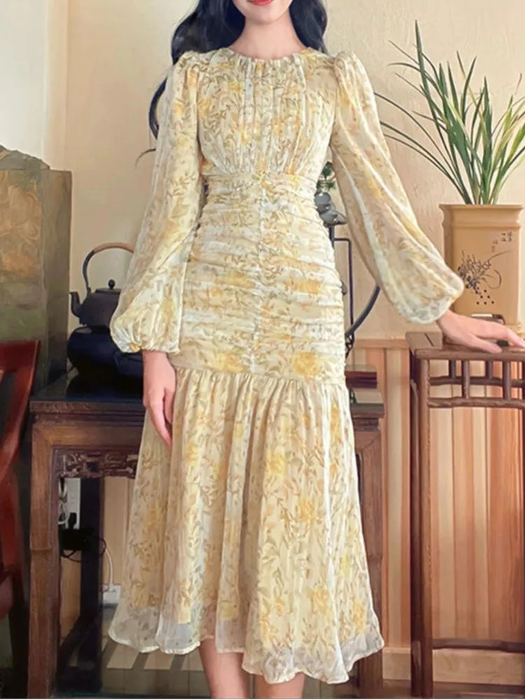 Floral Print Lace Midi Dresses For Women Clothing Elegant Long Sleeve