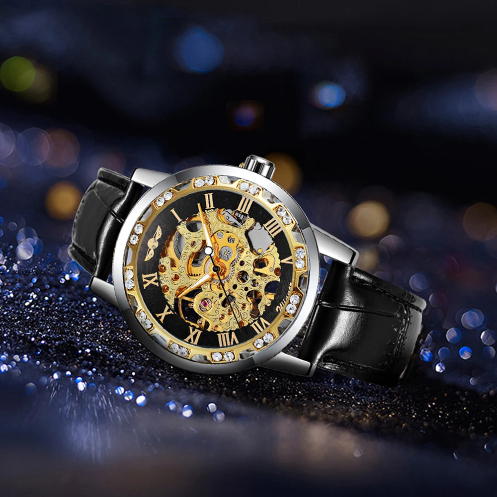 WINNER Classic Mechanical Watches for Men Luxury Diamond Gold Skeleton ...