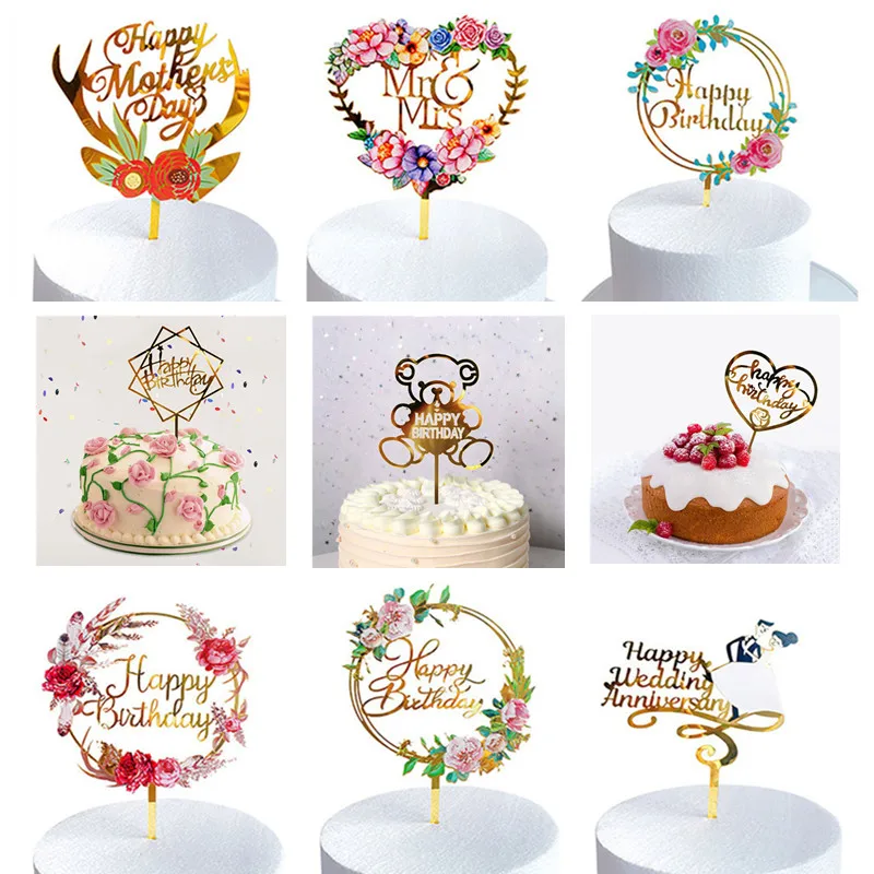 Flower-Cake-Topper-Happy-Birthday-Gold-Silver-Birthday-Party-Cake ...
