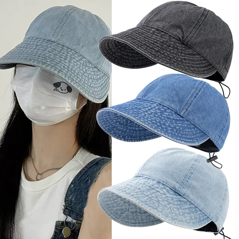 Wash Denim Wide Brim Sun Hat Drawstring Adjustable Caps for Men Women ...