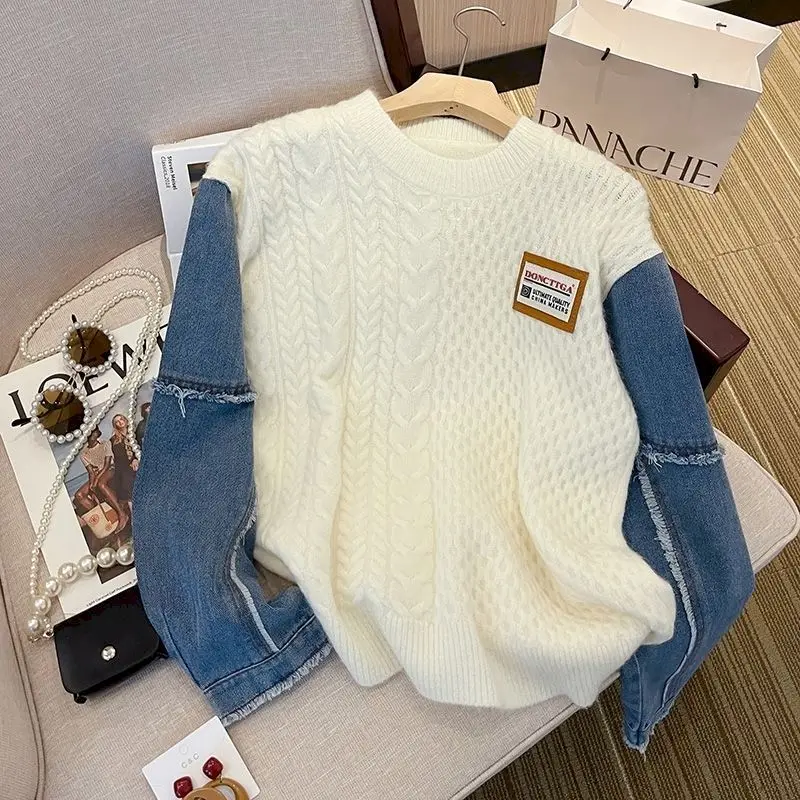 Spring Autumn Trendy Sweaters Women Fashion Denim Patchwork Knit ...