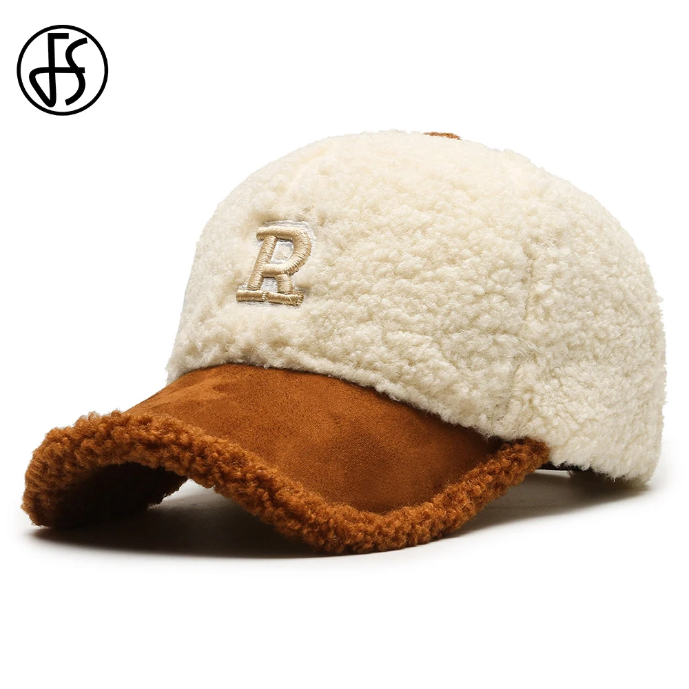 FS-Winter-Men-Hats-White-Brown-Big-Letter-Embroidery-Lambswool-Baseball ...