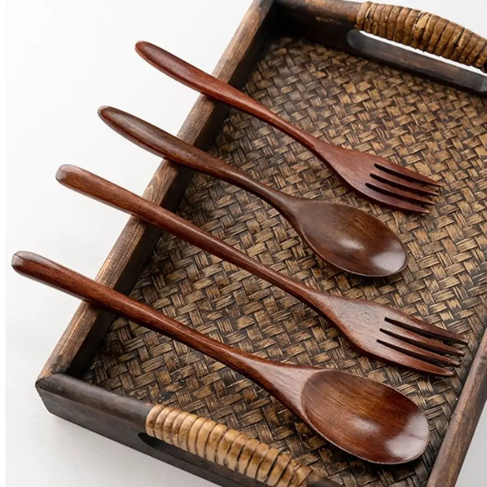 Natural Wooden Spoon Fork Dinner Kit Rice Soups Utensil Cereal Handmade ...