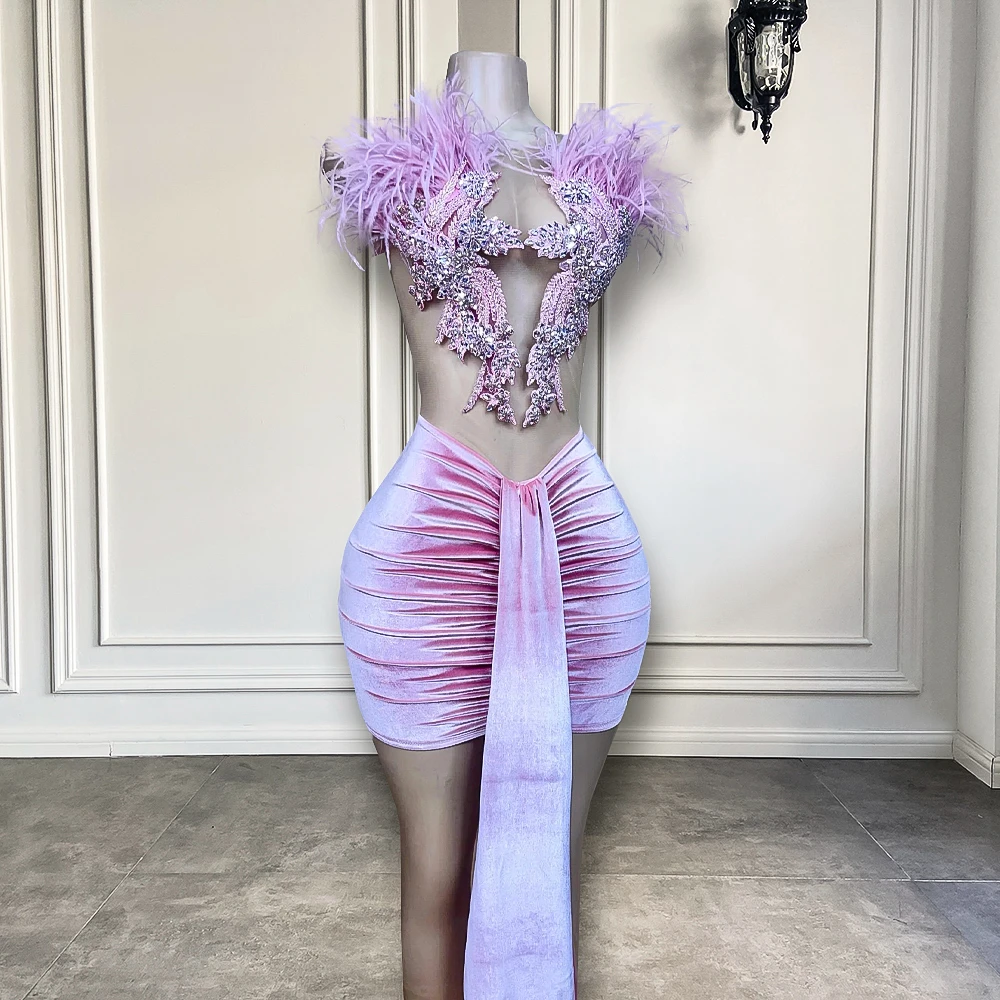 Gorgeous-Sexy-See-Through-Black-Girls-Short-Prom-Dress-2024-Backless-Pink-Velvet-Feather-Sparkly ...