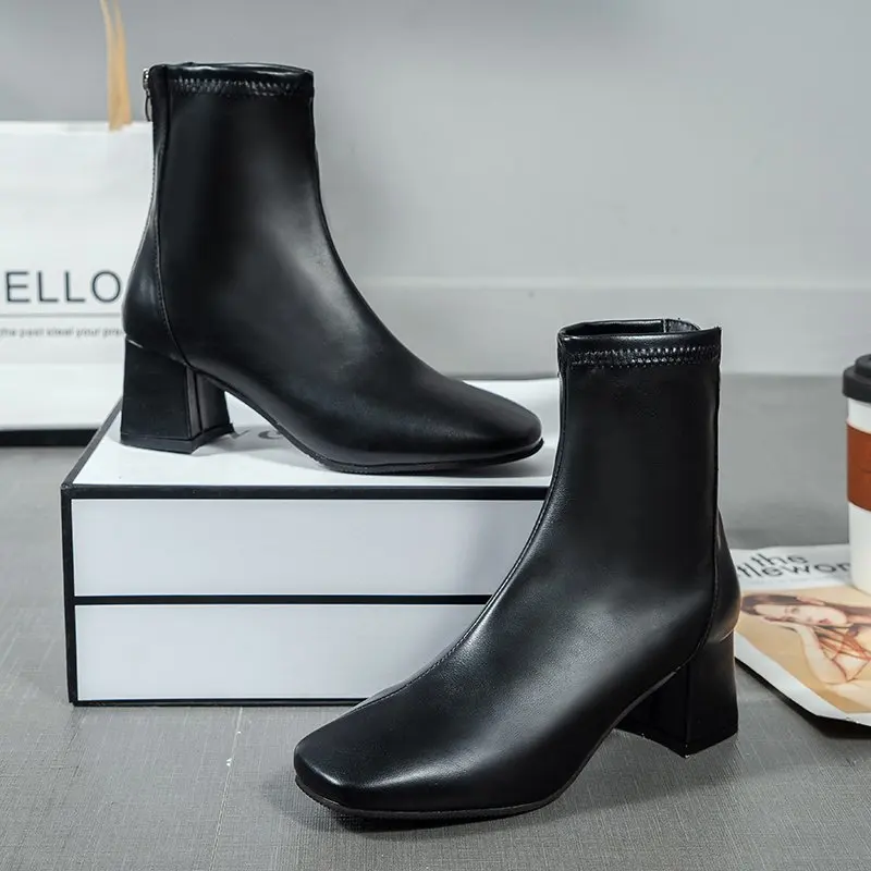 PU-Leather-High-Heels-Boots-for-Women-Monochromatic-Back-Zipper ...