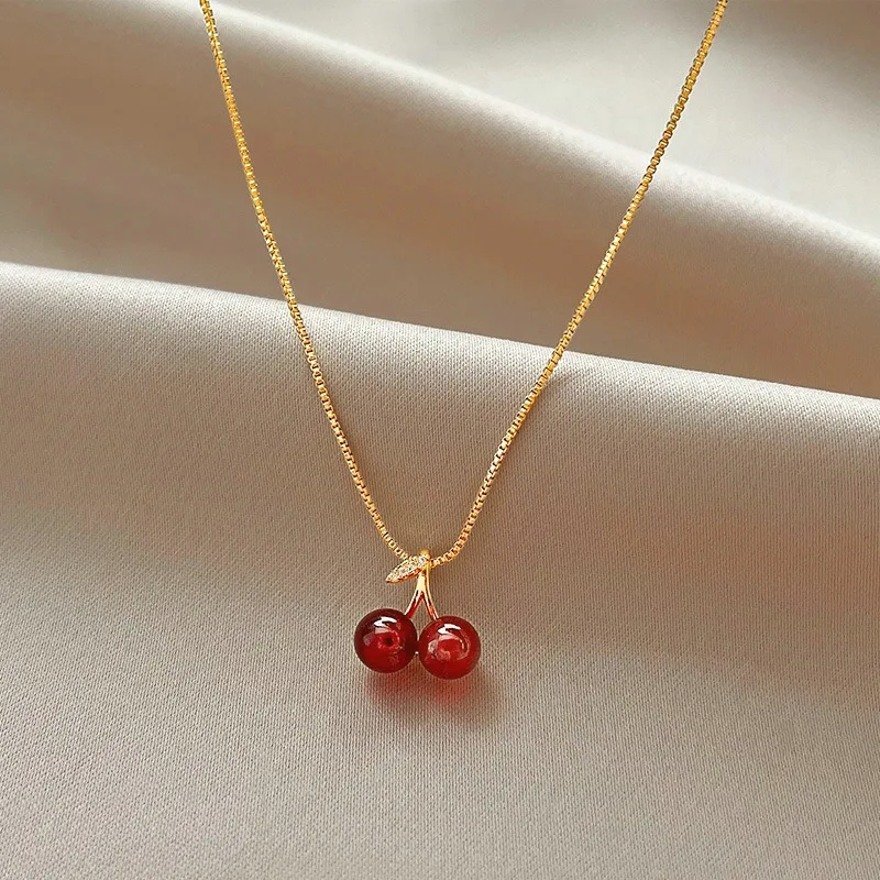 New-Wine-Red-Cherry-Gold-Color-Pendant-Necklace-For-Women-Personality ...