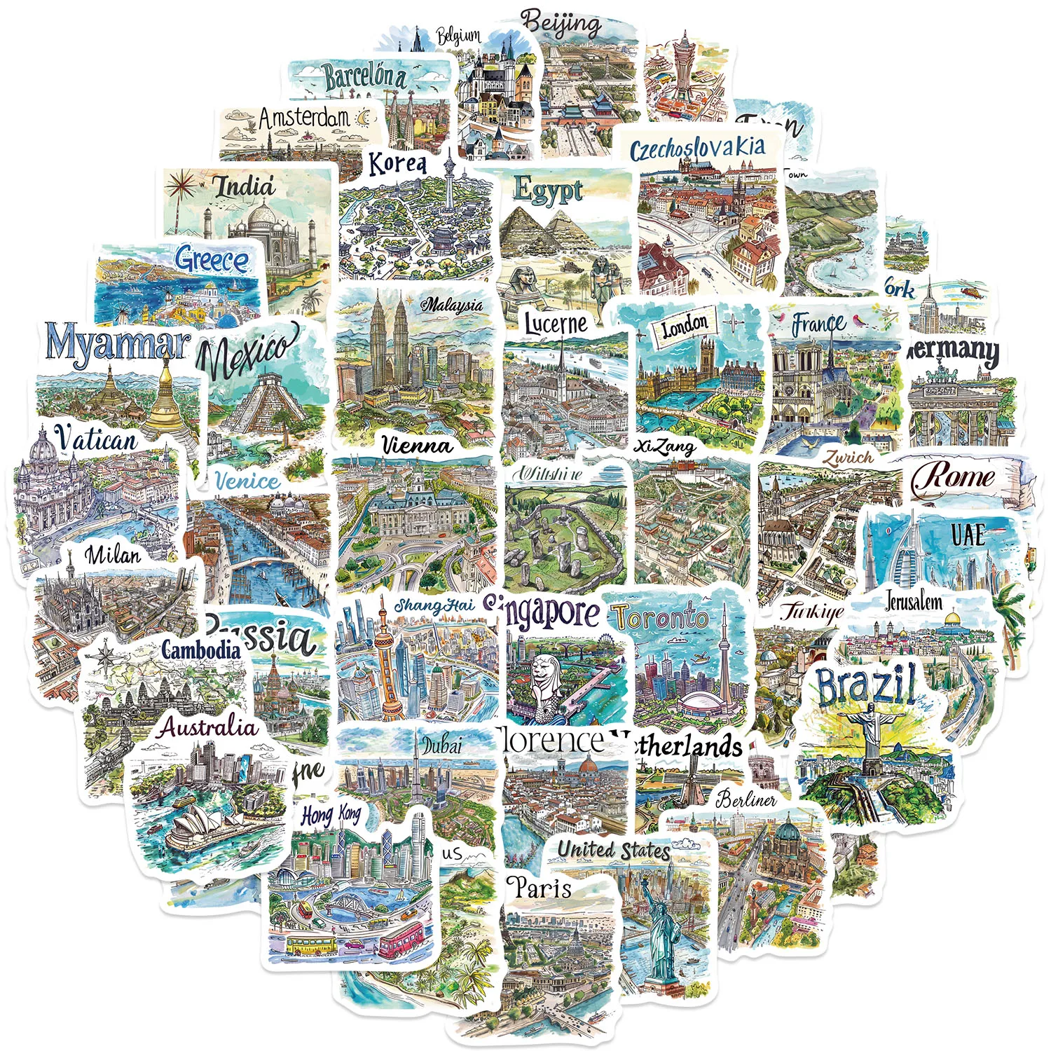 50pcs-New-Hand-Drawn-Tourist-Map-Stickers-Decoration-Notebook-Luggage ...