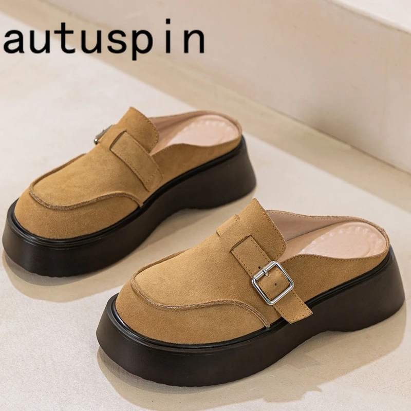 AUTUSPIN-5cm-Platform-Women-Mules-Shoes-Concise-Retro-Thick-Sole-Cover ...