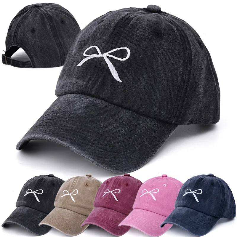 Washed-Cotton-Baseball-Caps-Women-Retro-Designer-Embroidered-Bow-Summer ...