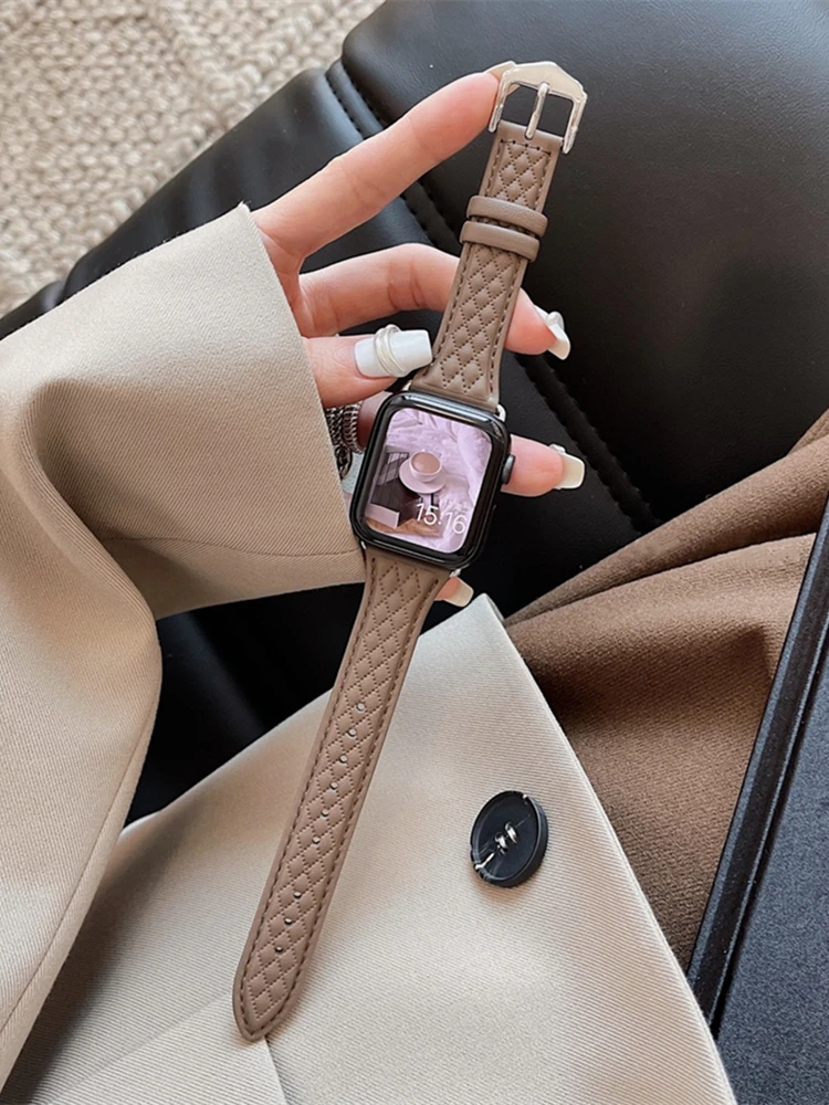 High Quality Lattice Grid Leather Loop For iwatch series 8 7 6 SE 5 4 3 ...