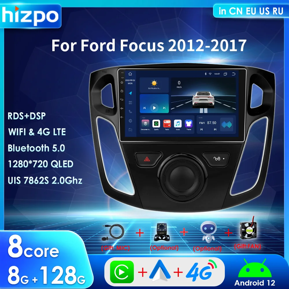 Hizpo Leitor multimídia de carro, 2 DIN Carplay, rádio, Android 12, UIS7862S, 4G, GPS, estéreo ...
