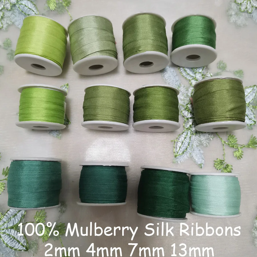 100-Pure-Silk-Ribbon-for-Ribbons-Embroidery-13mm-7mm-4mm-2mm-Pistachio ...