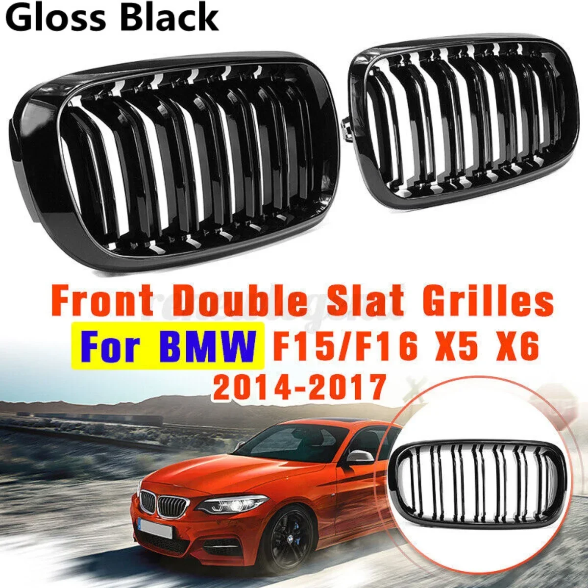 Glossy-Black-Car-Grille-Grill-2-Slat-Front-Kidney-For-BMW-F15-F16-X5-X6 ...