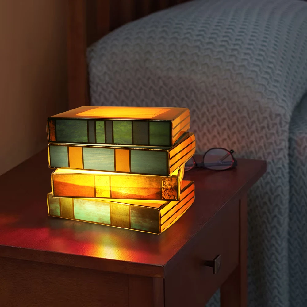 USB-Stained-Glass-Stacked-Books-Lamp-Decorative-Vintage-Reading-Book ...