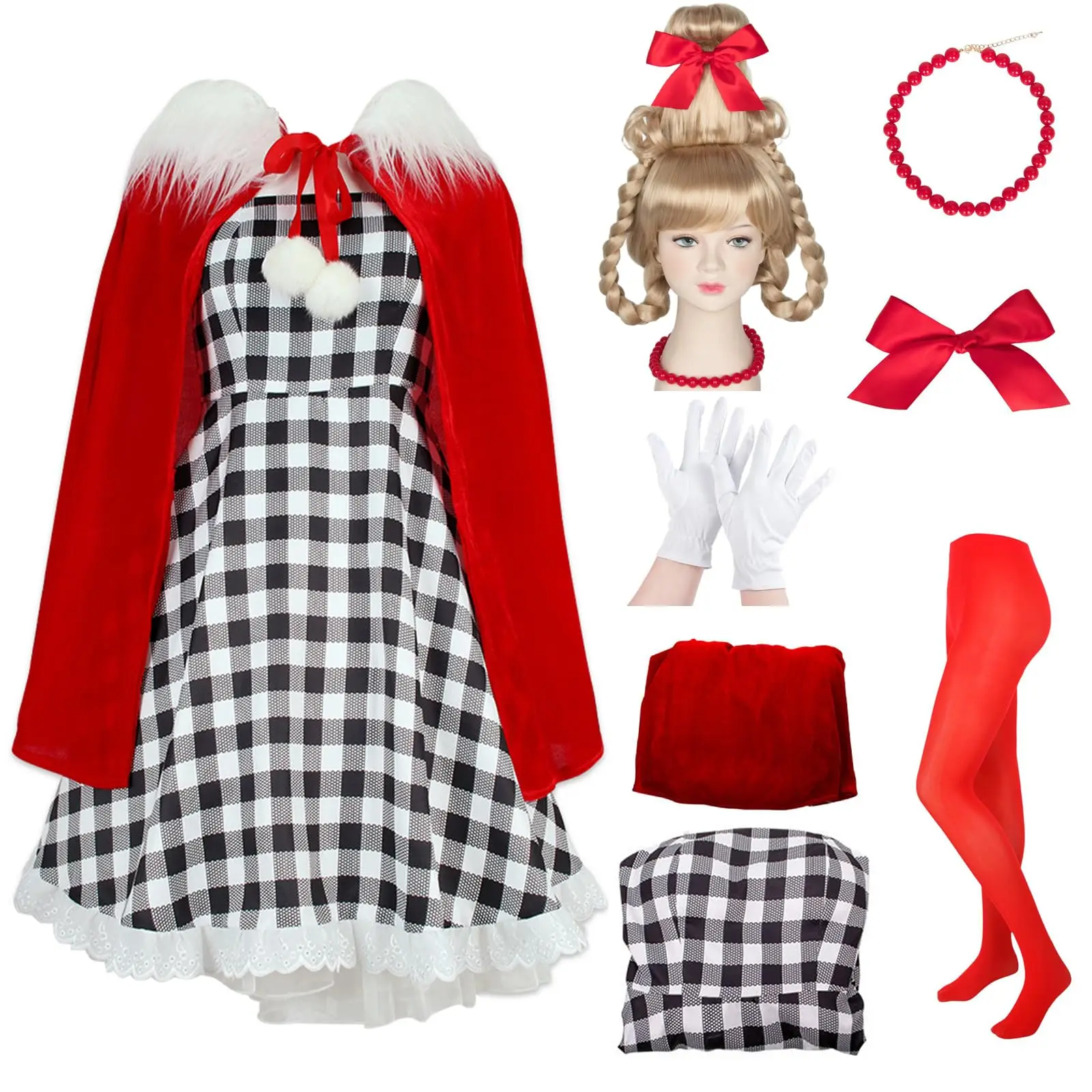 Cindy Lou Who Costume Adult 7PCS Cindy Lou Who Dress Cosplay Set with ...