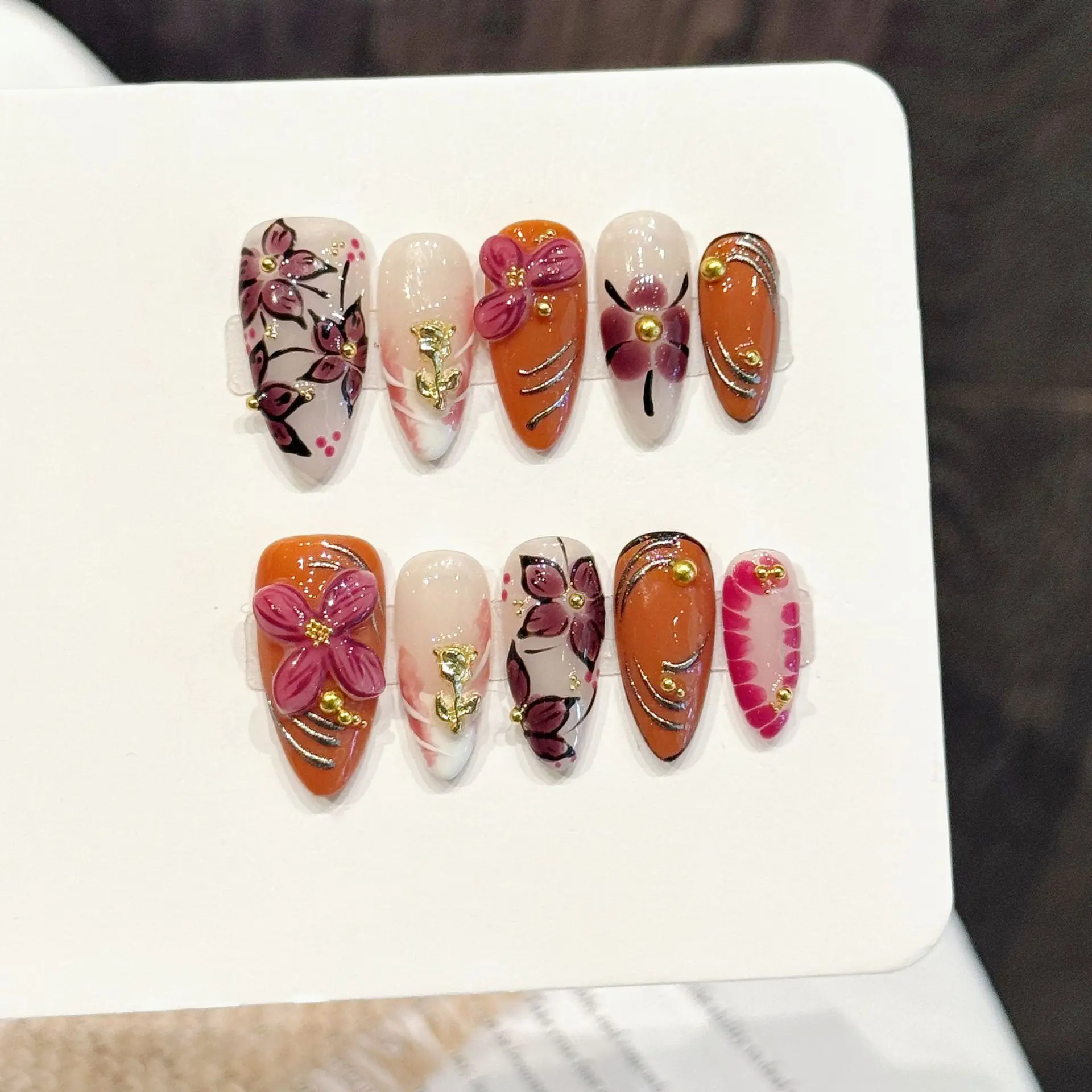 10 Uds. De uñas postizas Vintage con relieve morado, estampado de ...