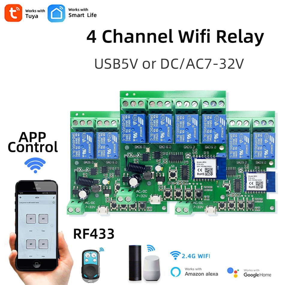 Tuya Smart Life 4ch Wifi Light Switch Module,dc 12v 24v 32v,4 Channel ...