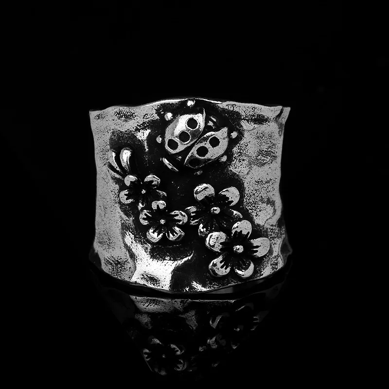 Vintage-925-Silver-Engraving-Flower-Bee-Pattern-Finger-Ring-for-Women ...