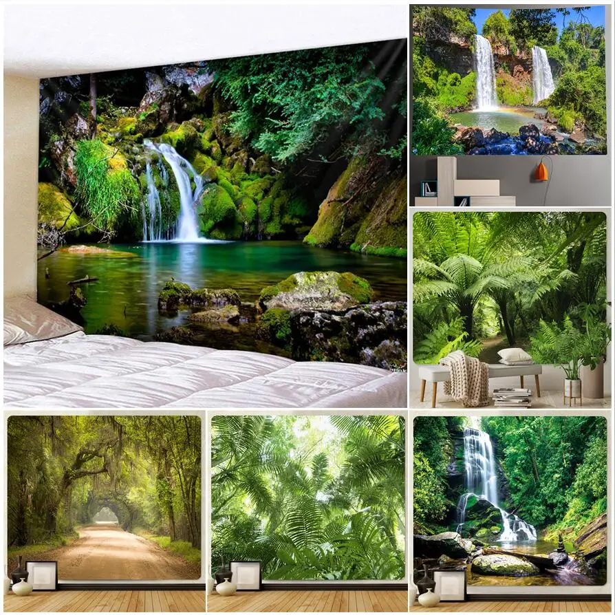 Natural-Forest-Landscape-Tapestry-Waterfall-Tropical-Jungle-Palm-Leaves ...