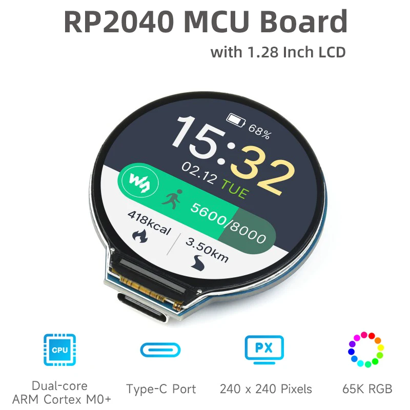 Rp2040 Mcu 보드 128 인치 원형 Lcd 65k Rgb 베이스 라즈베리 파이 Rp2040 Usb C 포트 가속도계 자이로스코프 센서 Aliexpress