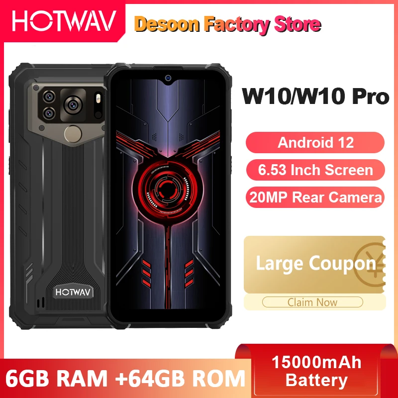 HOTWAV W10/W10 Pro Rugged Phone 6.53 Inch 6GB+64GB 15000mAh Battery ...