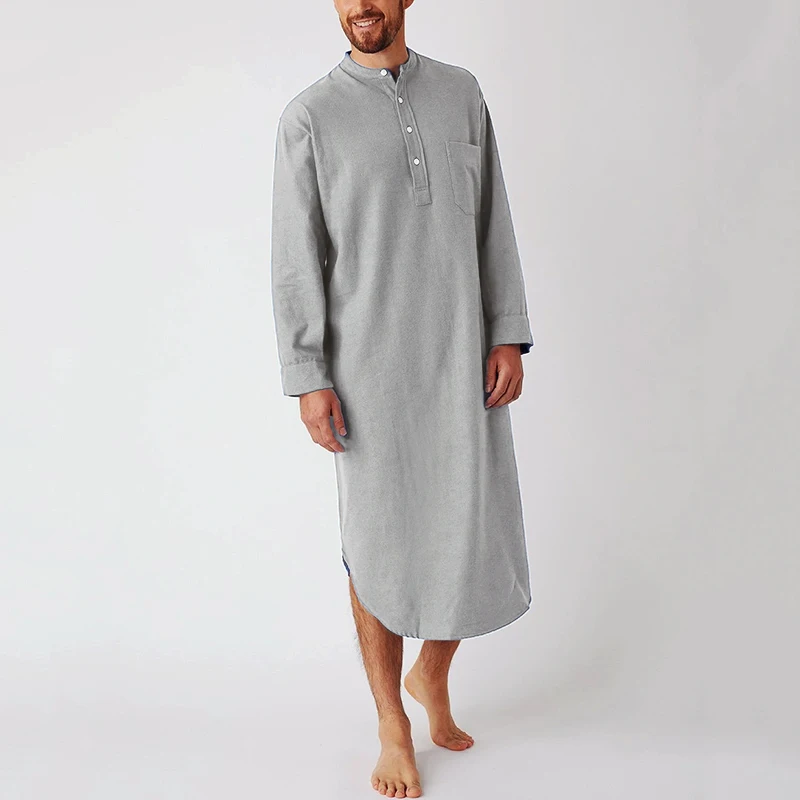 INCERUN Cotton Men's Sleep Robes Solid Color Long Sleeve Nightgown O ...