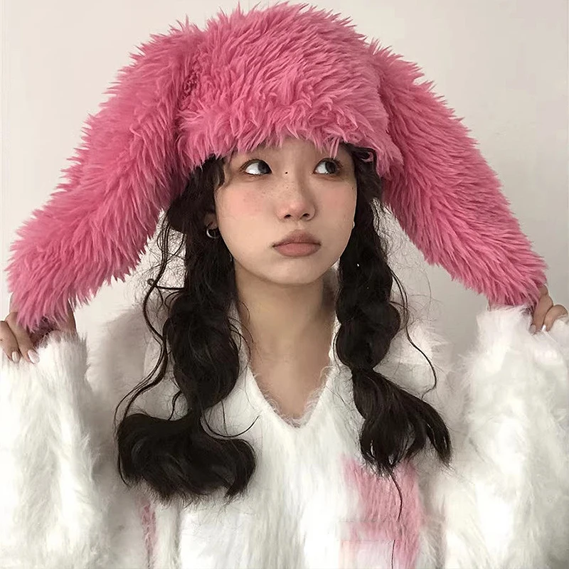 Pink Long Ear Rabbit Women Pullover Cap Cute Solid Girl Plush Beanie ...