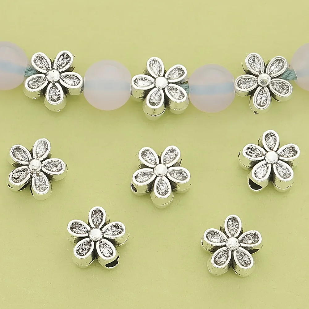 2D Flat, 50/100pcs Alloy Five-Petal Flower Straight Hole Spaced Beads ...