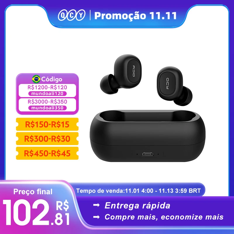 Qcy t1c bluetooth 5.0 fones de ouvido sem fio 3d estéreo tws fones com duplo microfones fone de ...