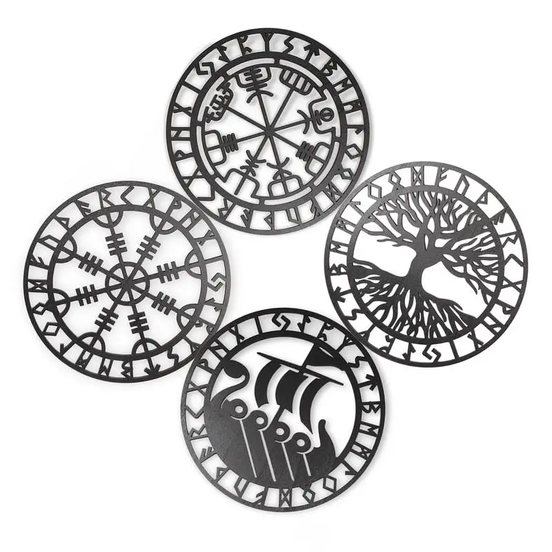 4PCS-Set-Round-Wall-Art-Nordics-Viking-Runes-Wooden-Wall-Decor-Celtic ...