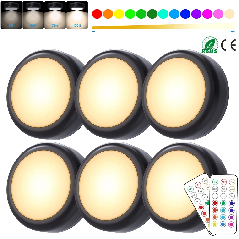 1-6Pcs RGBW LED Puck Night Lights Remote Control Dimmable Under Cabinet ...