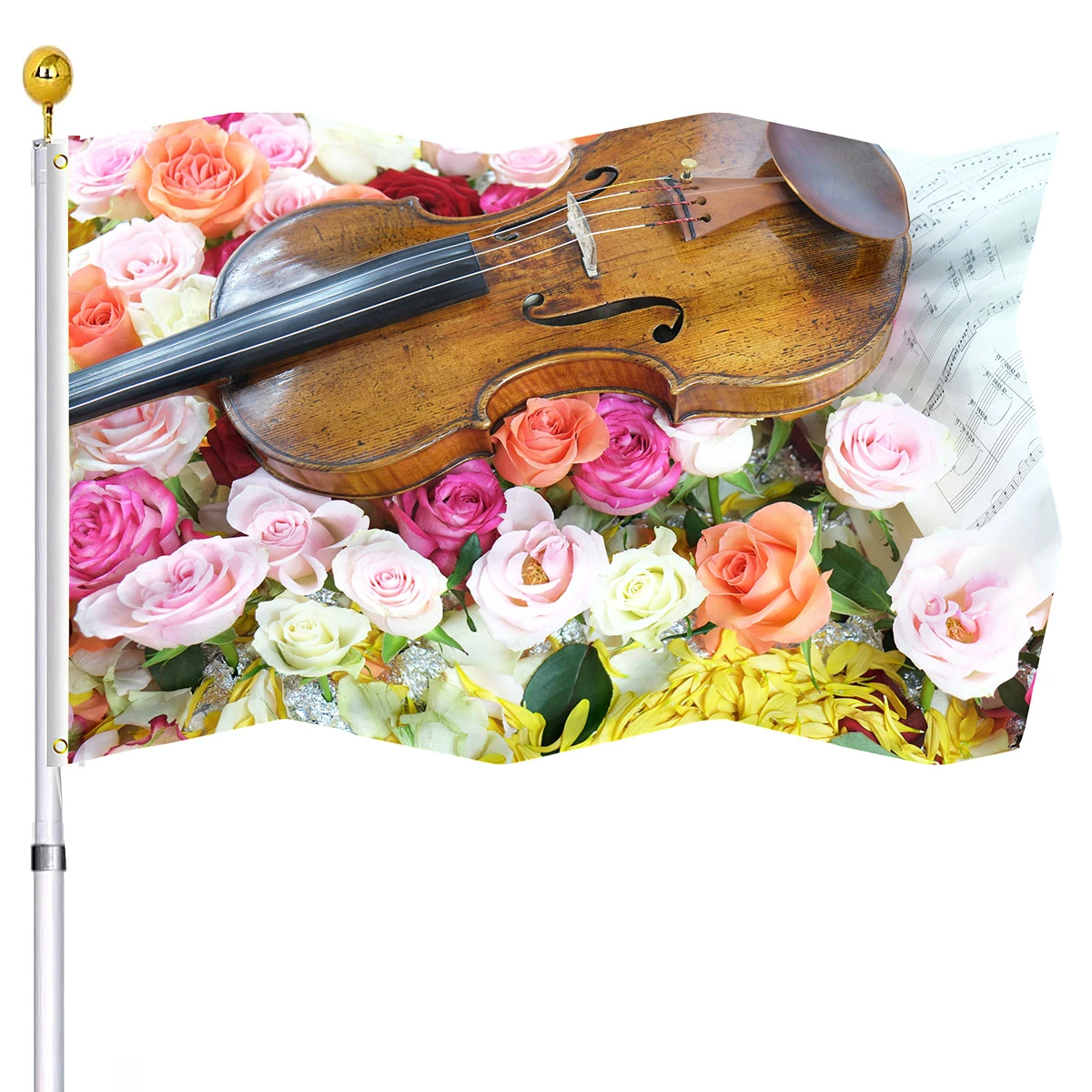 Violin Sheet Music Flag Vivid Rose Flowers Double Stitched Flags ...