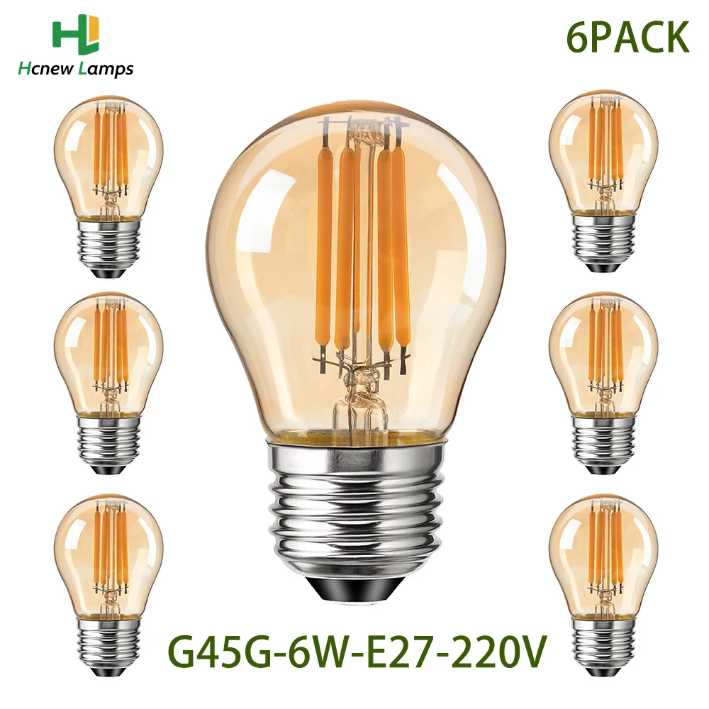 6PCS-G45G-Amber-Glass-Vintage-Led-Bulb-E27-EU-Plug-220V-6W-Warm-White ...