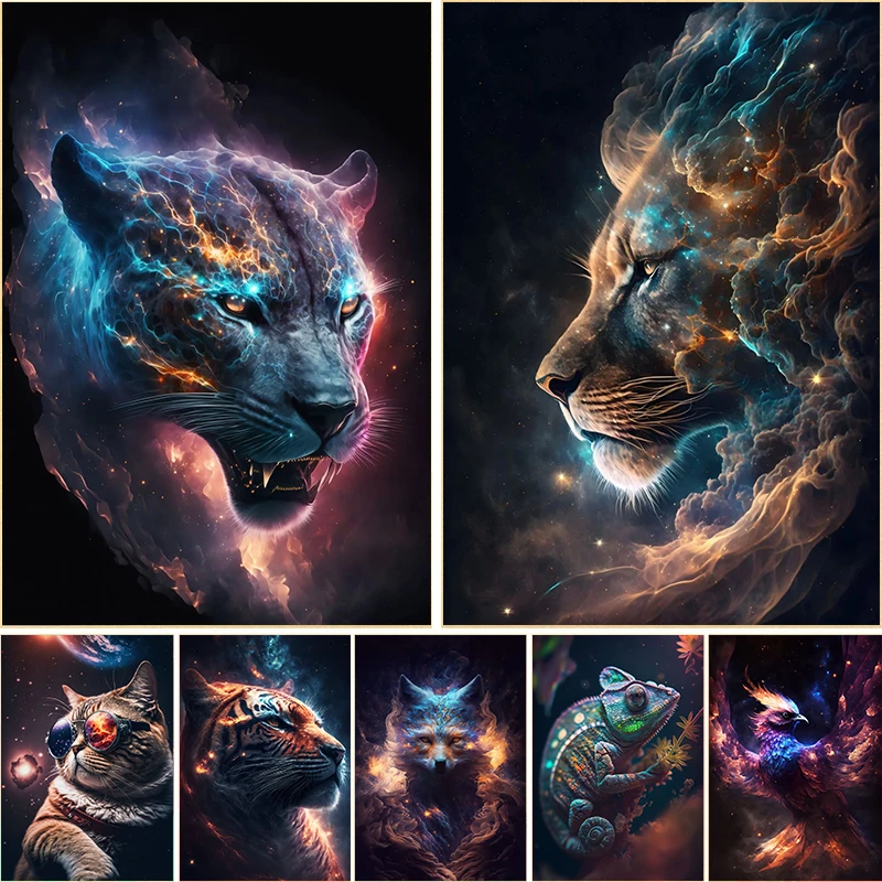 Abstract Cosmic Creatures Elder Dragons Sight Lion Tiger Panther Poster ...