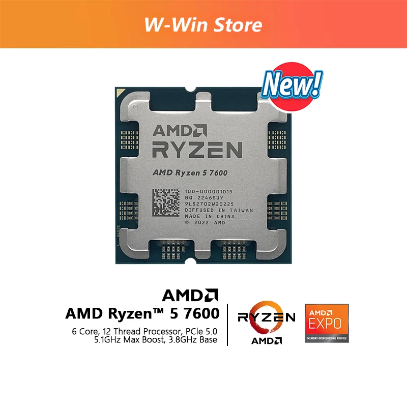 AMD 라이젠 5 7600 R5 7600 3.8GHz, 6 코어 12 스레드 CPU 프로세서, 5NM L3 = 32M 100 ...