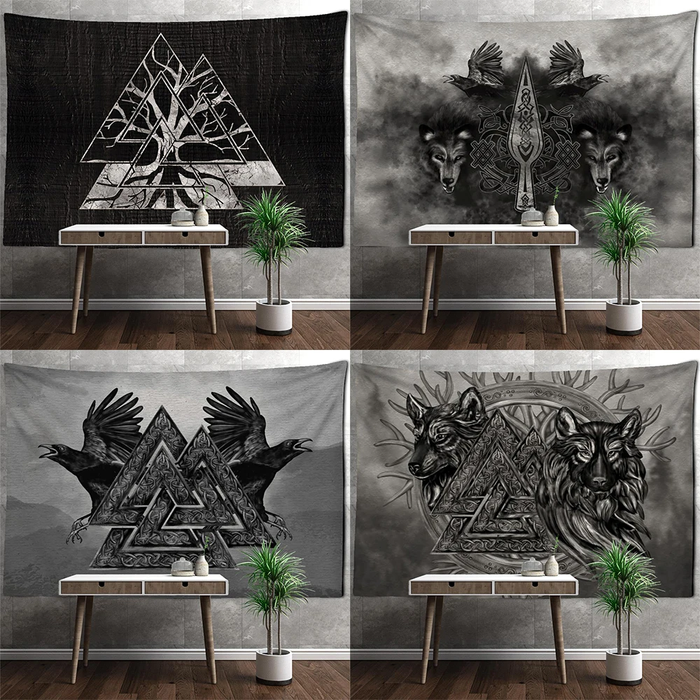 FFO-Viking-Helmet-Skull-Hammer-Odin-Myth-Horn-Print-Pattern-Tapestry ...