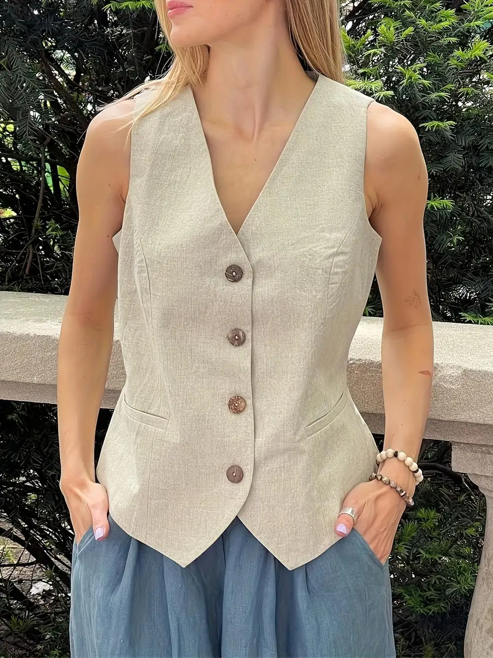 Chaleco-sin-mangas-con-cuello-en-V-para-mujer-chaleco-elegante-con-botones-delanteros-ligero ...