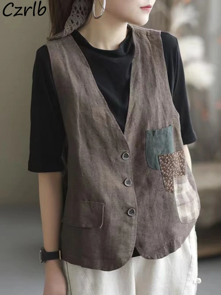 Vests-Women-Patchwork-Pockets-Vintage-Retro-Breathable-Casual-Chic ...