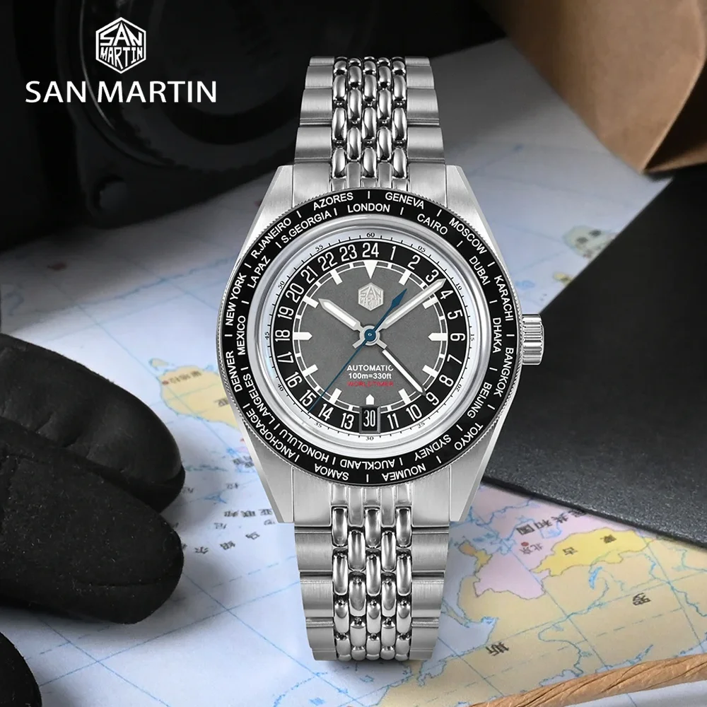 San-Martin-Original-New-World-Timer-Watch-NH34-GMT-39-5mm-Original ...