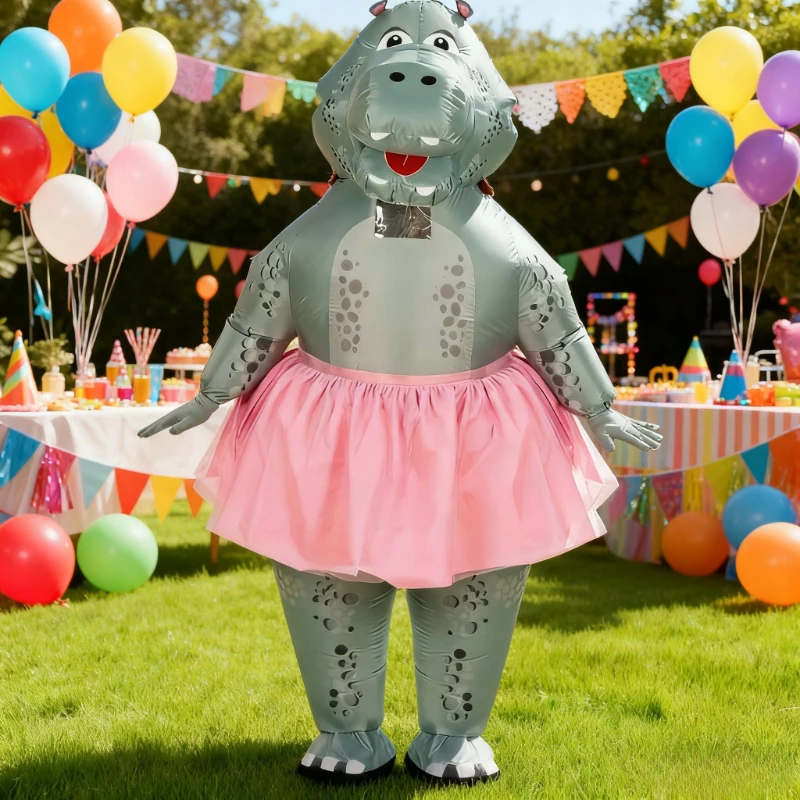 Adult Inflatable Hippo Costume with Pink Skirt Funny Fancy Dress ...