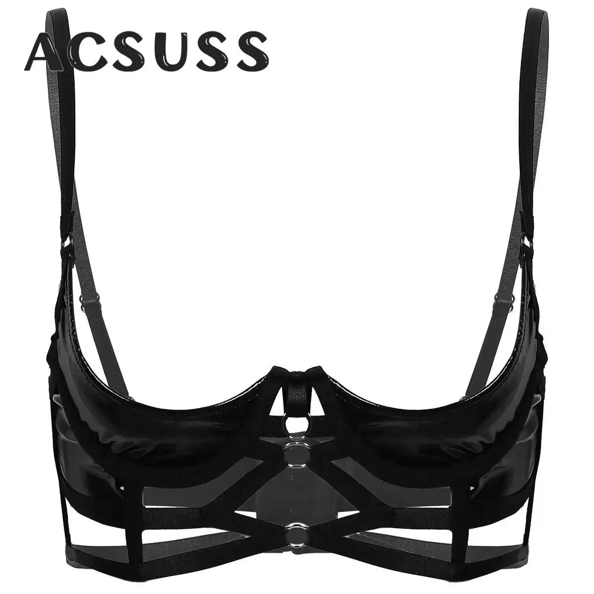 Women-s-Wet-Look-Patent-Leather-Quarter-Cup-Underwired-Shelf-Bra-Push ...