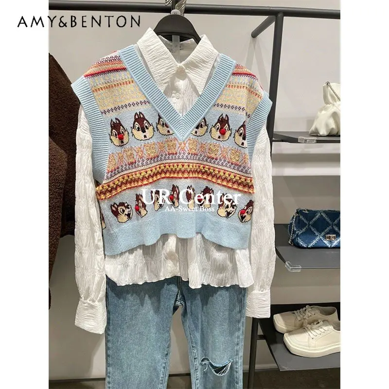 Spring New Cartoon Printed Loose V neck Knitted Vest Shirt Tops Sets ...