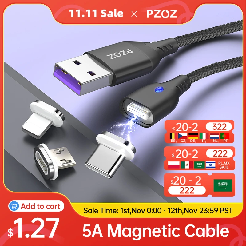Pzoz 마그네틱 케이블 5a, 초고속 충전, c타입 마이크로 usb, 아이폰, 화웨이, 샤오미용|휴대폰 유동 케이블 ...